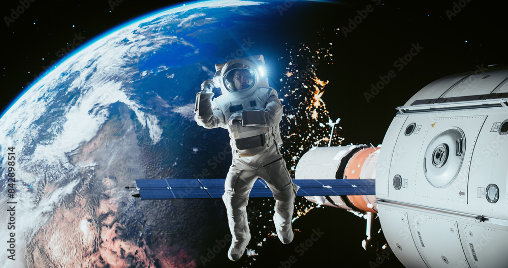 Handsome Young Man Dancing in Spacesuit while Floating in Open Space ...
