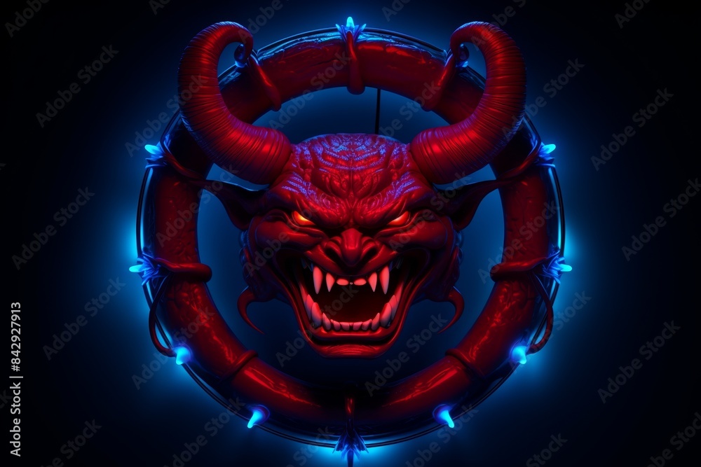 Dark, menacing demon head with glowing red eyes and sharp fangs ...