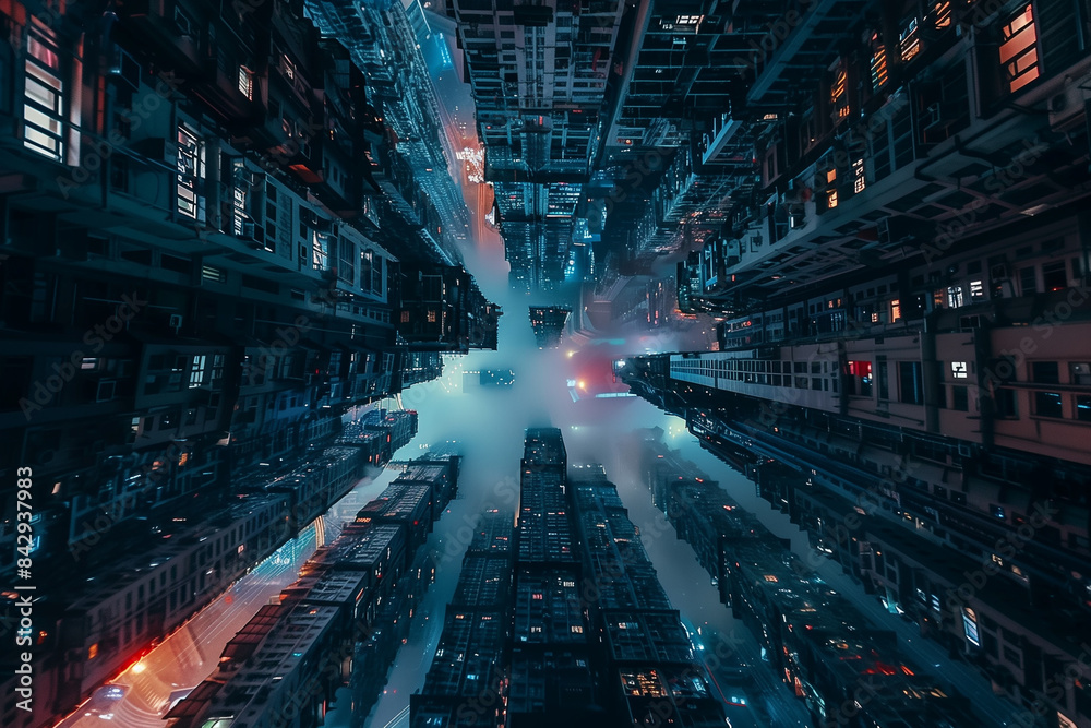 cityscape view from the top on extremely tall and dense city, upside ...