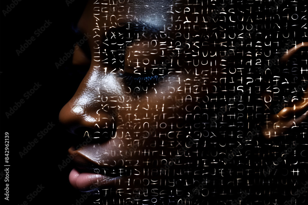 Black woman face with digital matrix numbers. Artificial intelligence ...