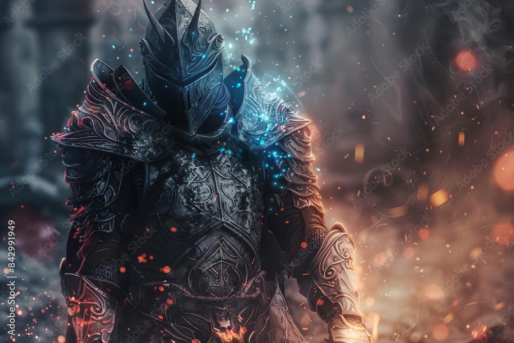 Mystic knight with glowing armor and intricate tattoos, standing in a ...