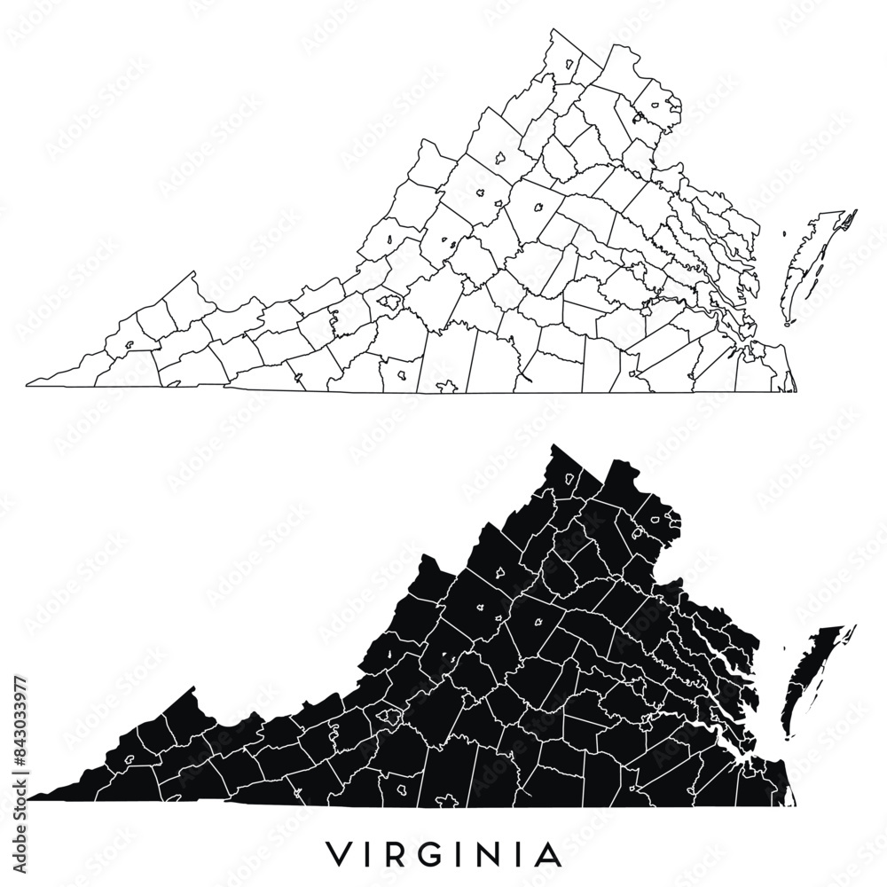 Virginia state map of regions districts vector black on white and ...