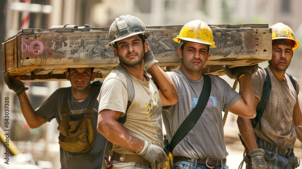 Three workers carrying a heavy load together demonstrating the ...