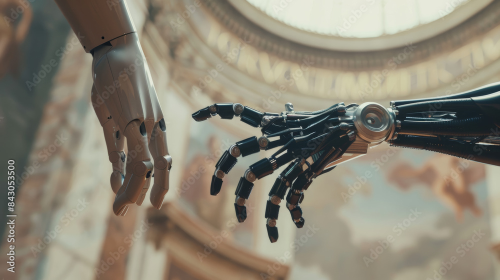 Futuristic Robot Arm Touches Human Hand in Humanity and Artificial ...