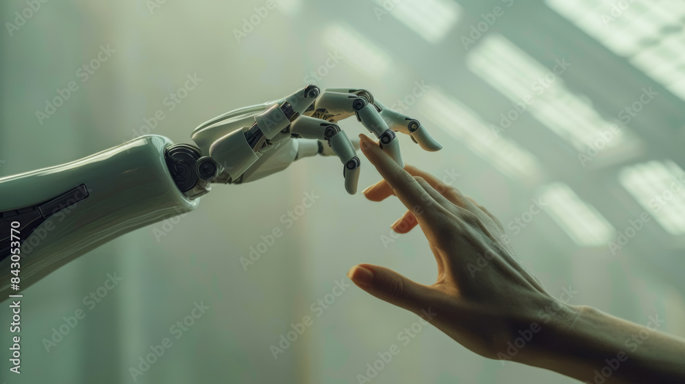 Futuristic Robot Arm Touches Human Hand in Humanity and Artificial ...