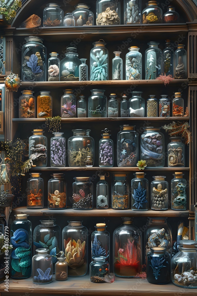 3D animate render, In the workshop of a legendary wizard, shelves lined ...