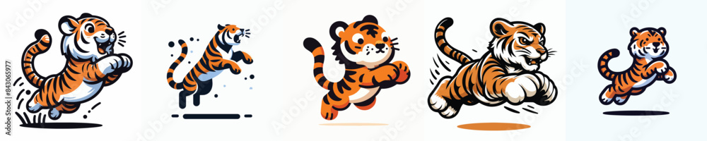 เวกเตอร์ Stock vector set of tigers jumping in flat cartoon style ...