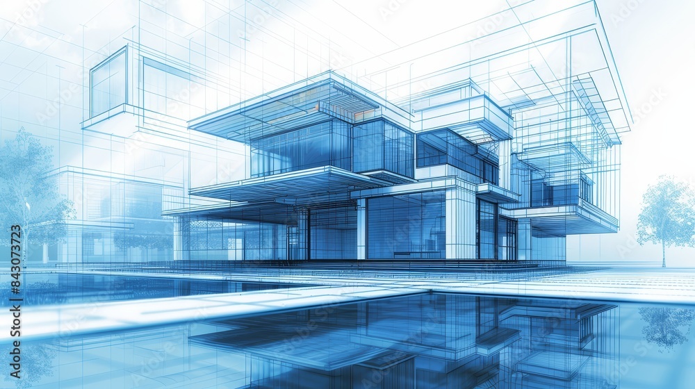 Modern residential building blueprint overlaying a detailed house model ...