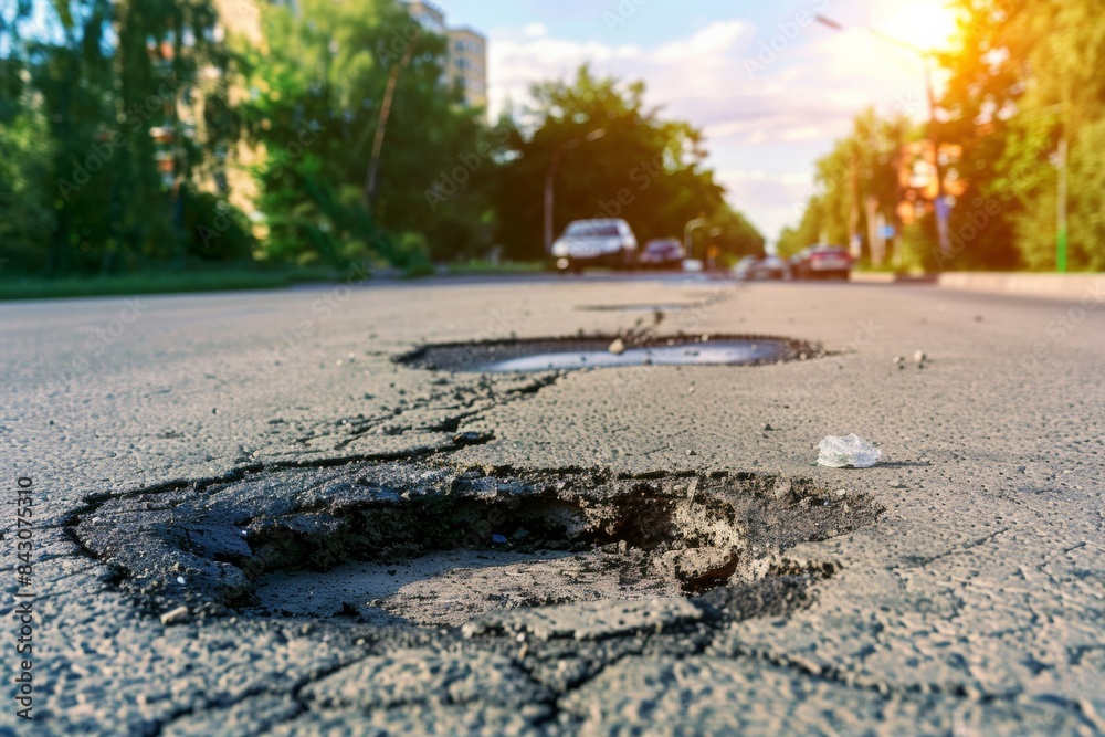 Badly damaged asphalt road with frequent potholes - traffic hazards ...