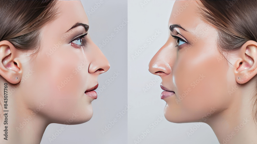 Before-and-after photos of a woman's nose after plastic surgery show a ...