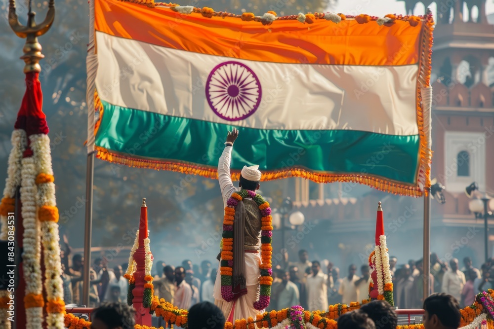 Indian national flag being raised by a man in traditional attire on ...
