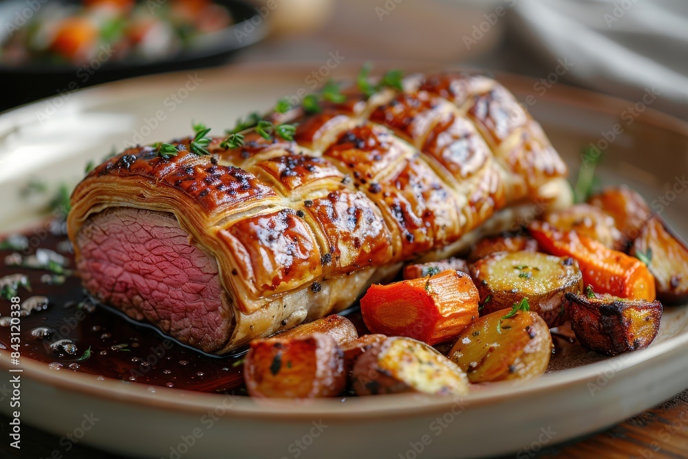 Baeuf en Croute A Baeuf en Croute (Beef Wellington) with a golden ...
