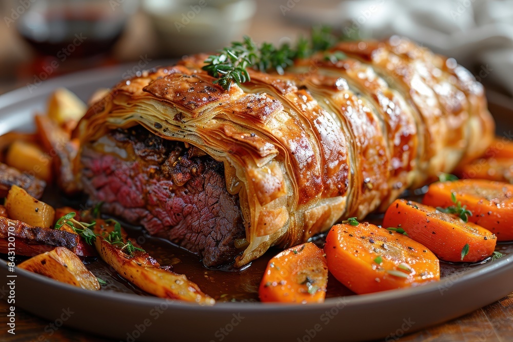 Baeuf en Croute A Baeuf en Croute (Beef Wellington) with a golden ...