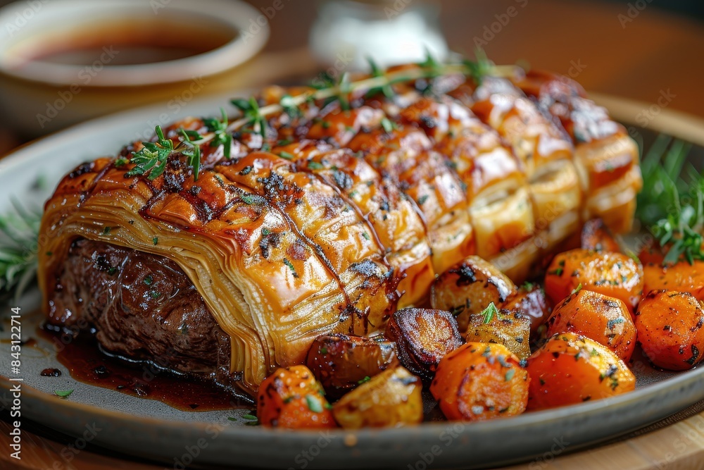 Baeuf en Croute A Baeuf en Croute (Beef Wellington) with a golden ...