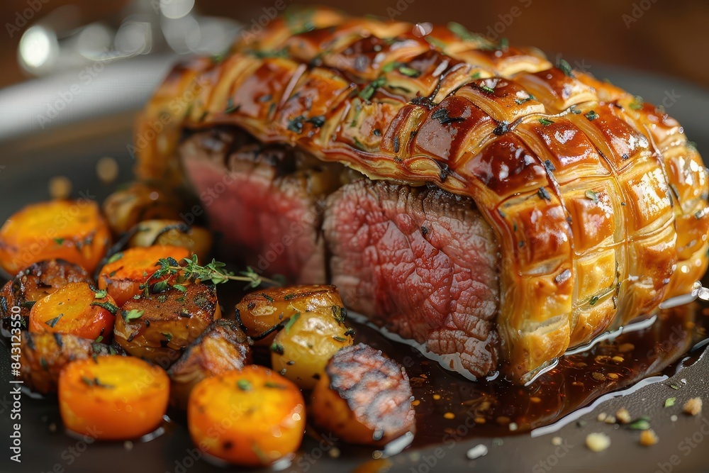 Baeuf en Croute A Baeuf en Croute (Beef Wellington) with a golden ...