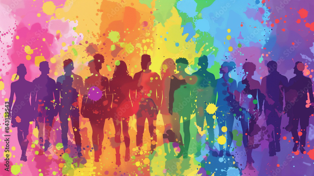 LGBT long banner. Silhouettes of diverse people are painted in the ...