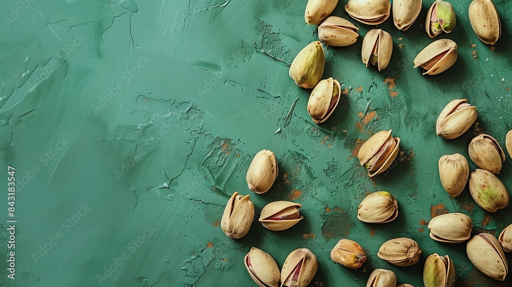 Green background with pistachios scattered on the right side of the ...