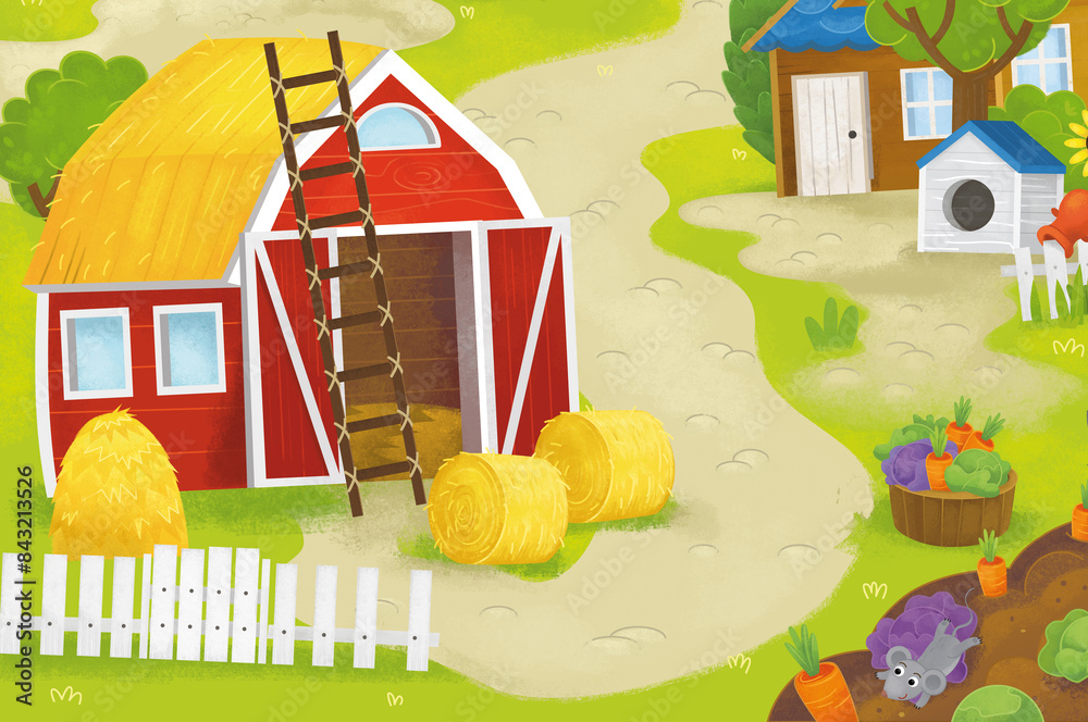 cartoon summer scene with farm ranch enclosure backyard garden and ...