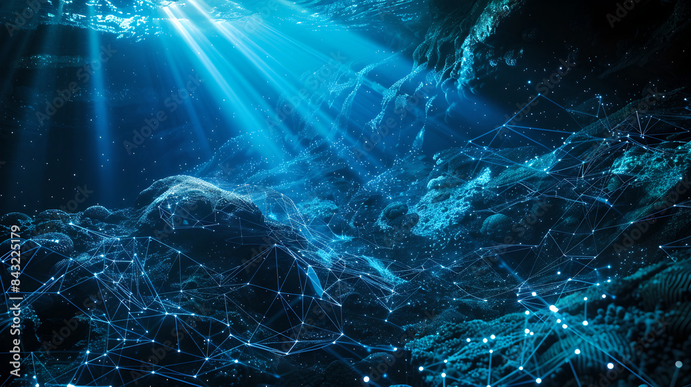 Underwater communication network visualized with light beams connecting ...