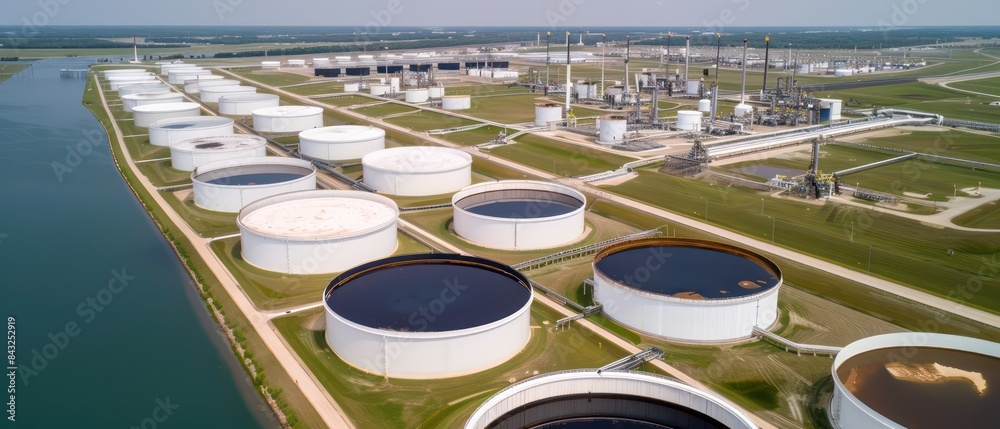 aerial view of oil storage tanks with white walls and massive ...