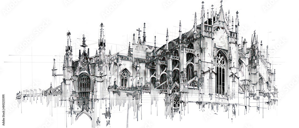 pencil drawing, Gothic architecture rises from the page with intricate ...