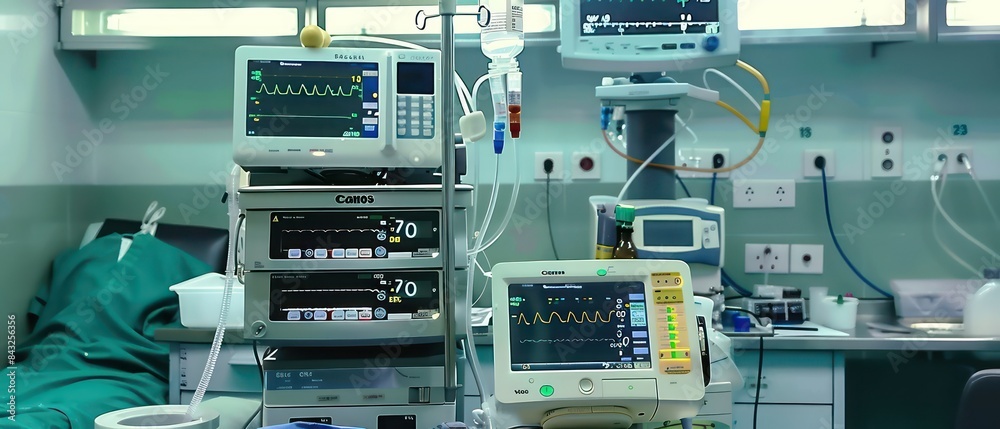 operating room, medical equipment including a drip machine is set up ...