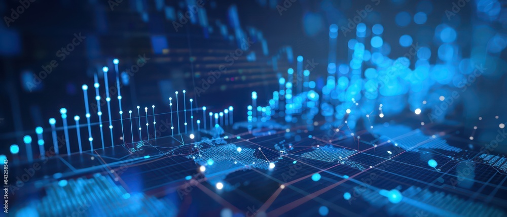 Abstract blue digital background with glowing light and bar graph of ...