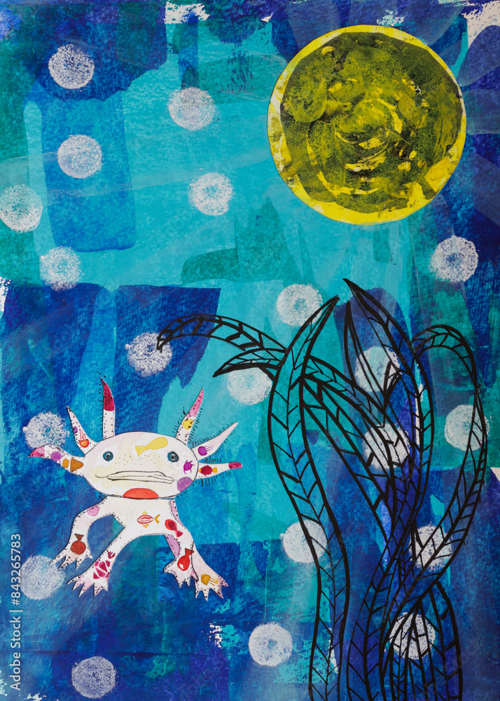 Ajolote mexicano en colores rosas sobre fondo azul, collage ...