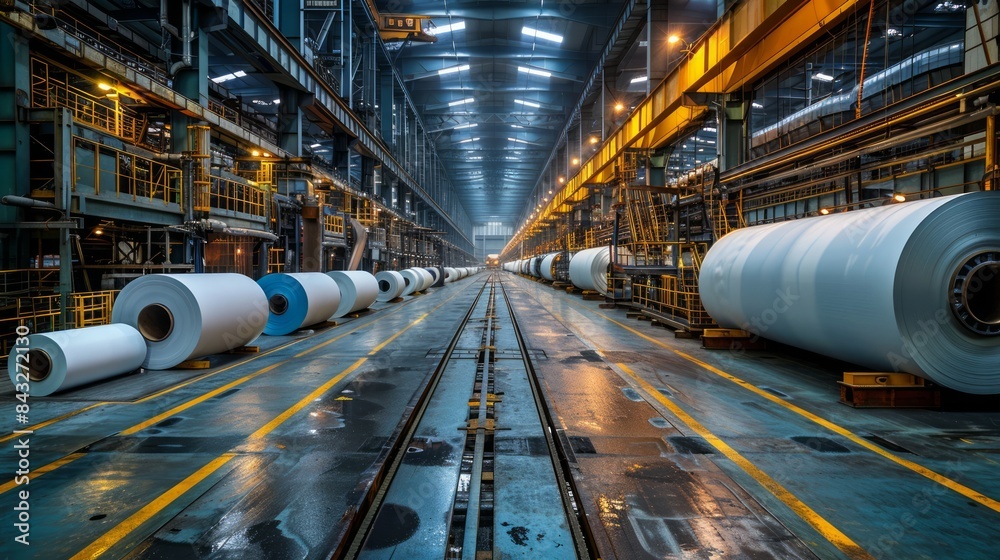 Paper mill with huge rolls of paper being processed, illustrating the ...