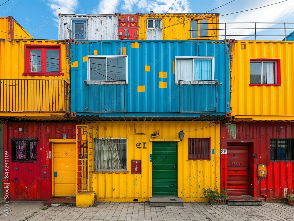 Vibrantly colored shipping containers painted and made into stacked ...