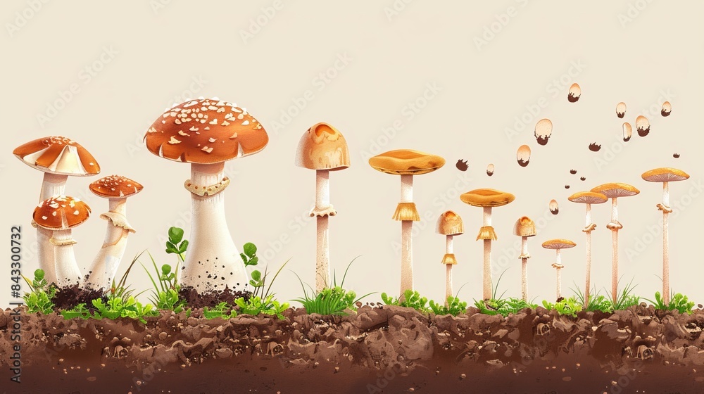 Detailed illustration of mushroom lifecycle in soil, from spore ...