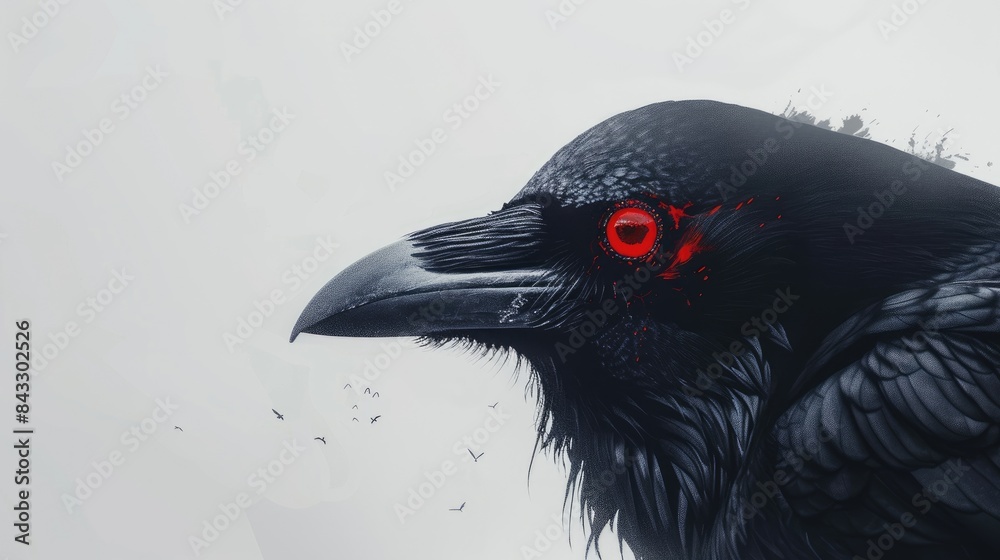 Close-up of a black crow's face, highlighting its red eyes, with a ...