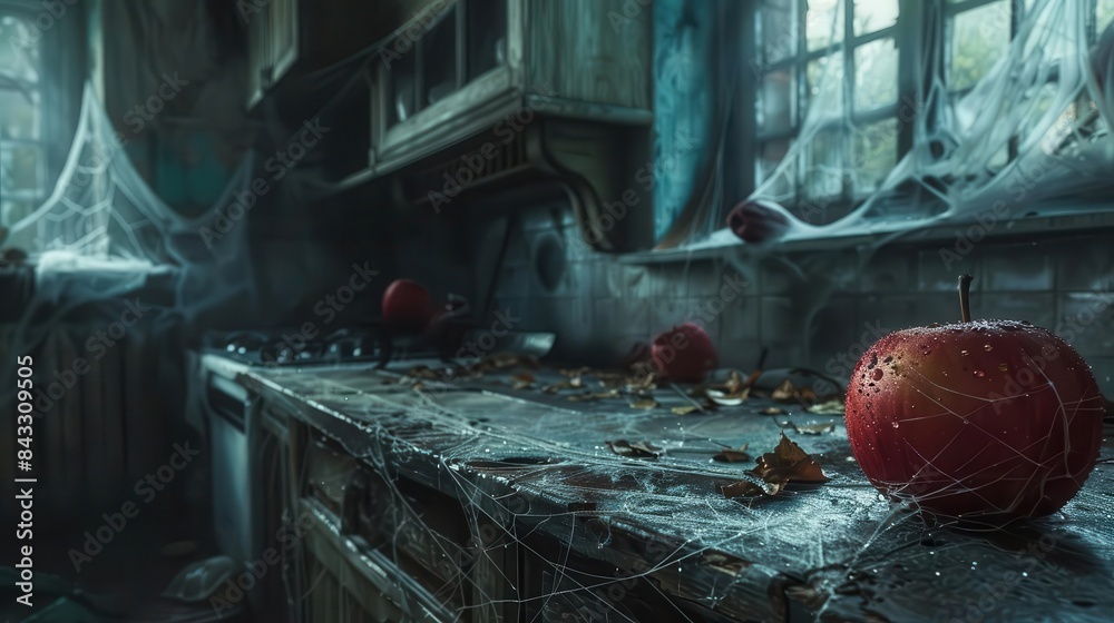 Poison apple pops in a haunted house kitchen, with cobwebs and ghostly ...