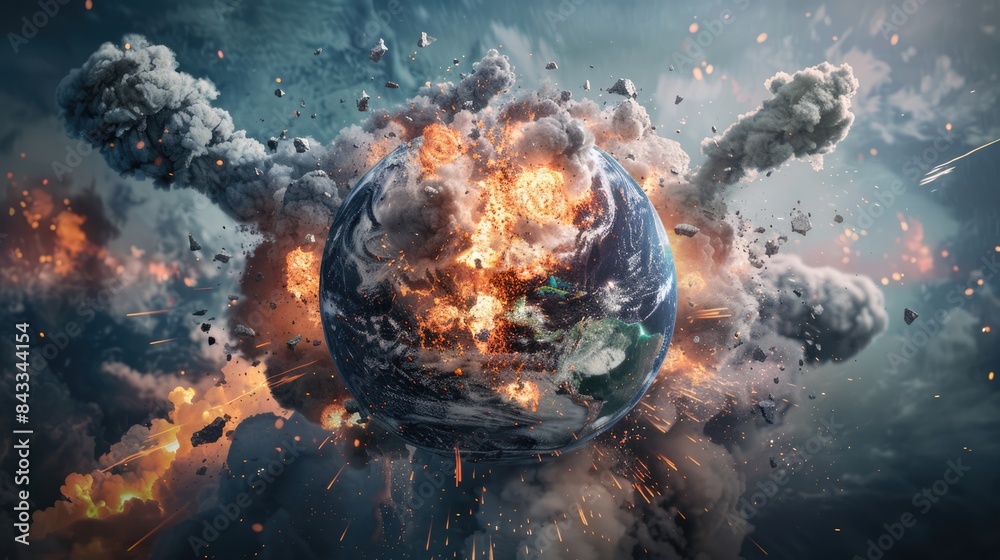 Planet Earth exploding from nuclear blast. Explosion of atomic bomb. Apocalypse, world war Stock ...