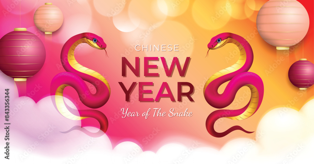 Year of the snake banner design, red Snake with cute pink lantern or ...