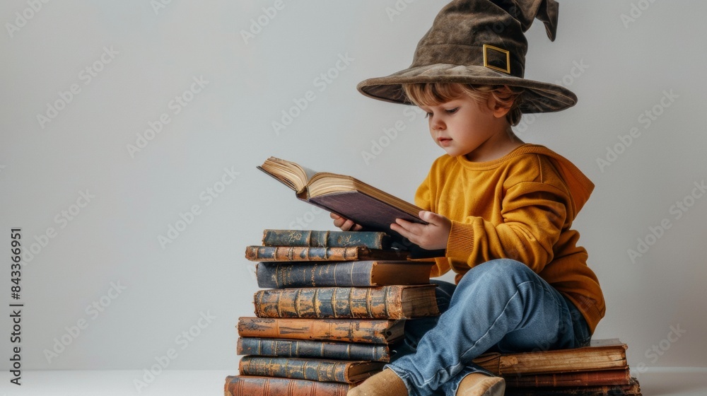 Toddler Boy Dressed as Wizard Reading Magic Book atop Spell Books ...