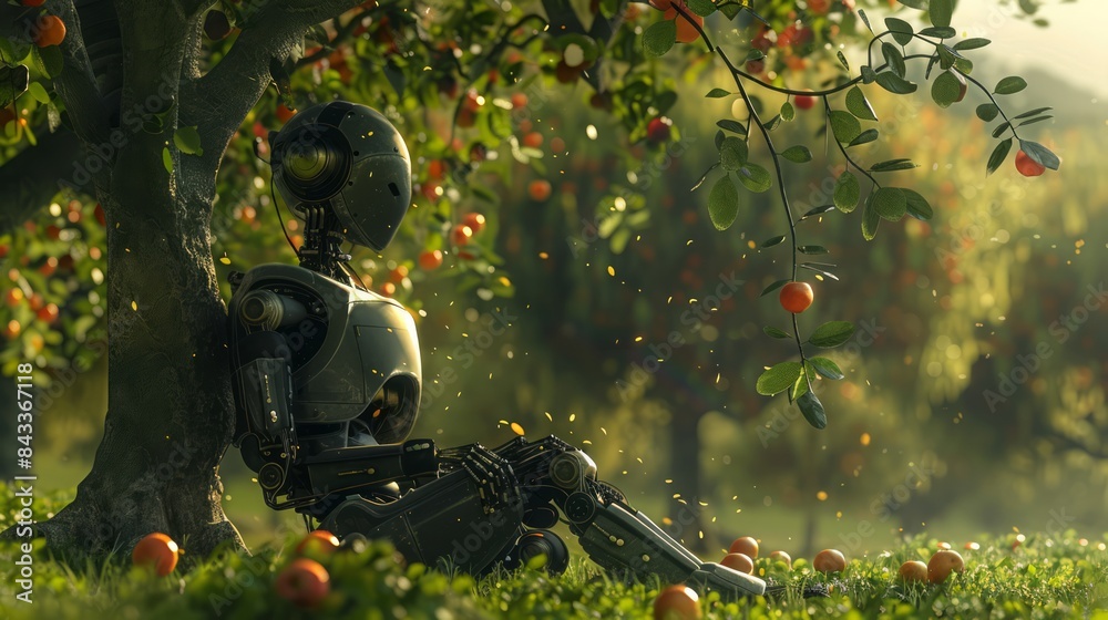 Sir Isaac Newton's Theory of Gravity, with a robot sitting under an ...