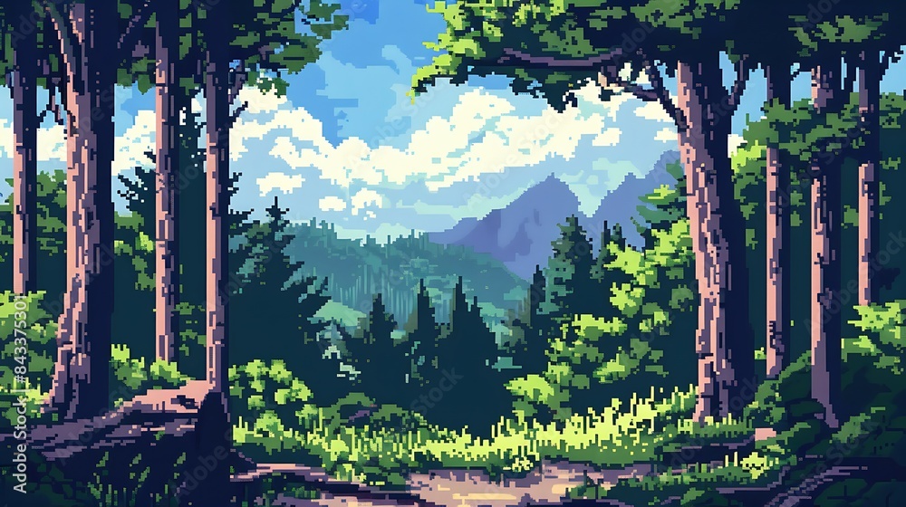 Forest landscape with 8 bit pixel art game screen style. Stock Photo ...