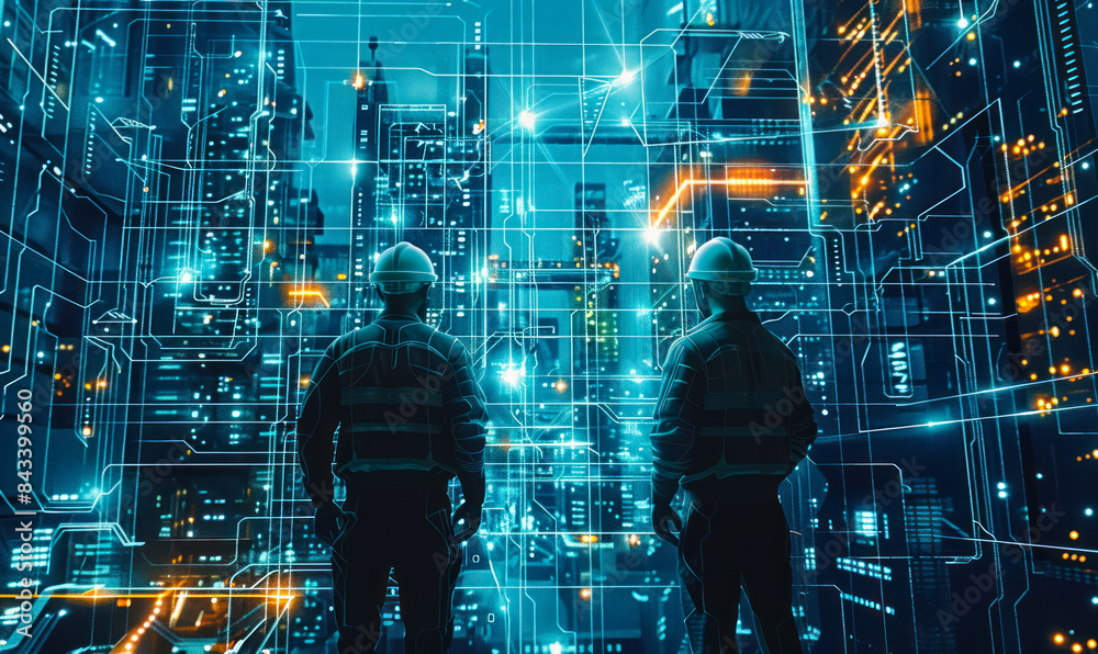 Silhouettes of engineers analyzing complex architectural blueprints and ...