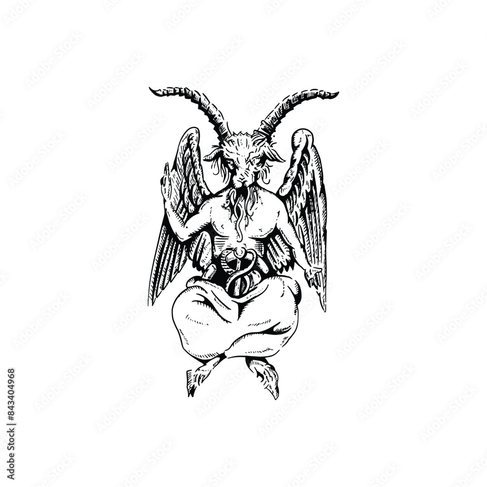 Vintage retro hand drawn scary demon Baphomet satanist symbol vector ...