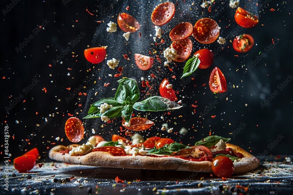 deconstructed pepperoni pizza in a dynamic explosion. Each ingredient ...