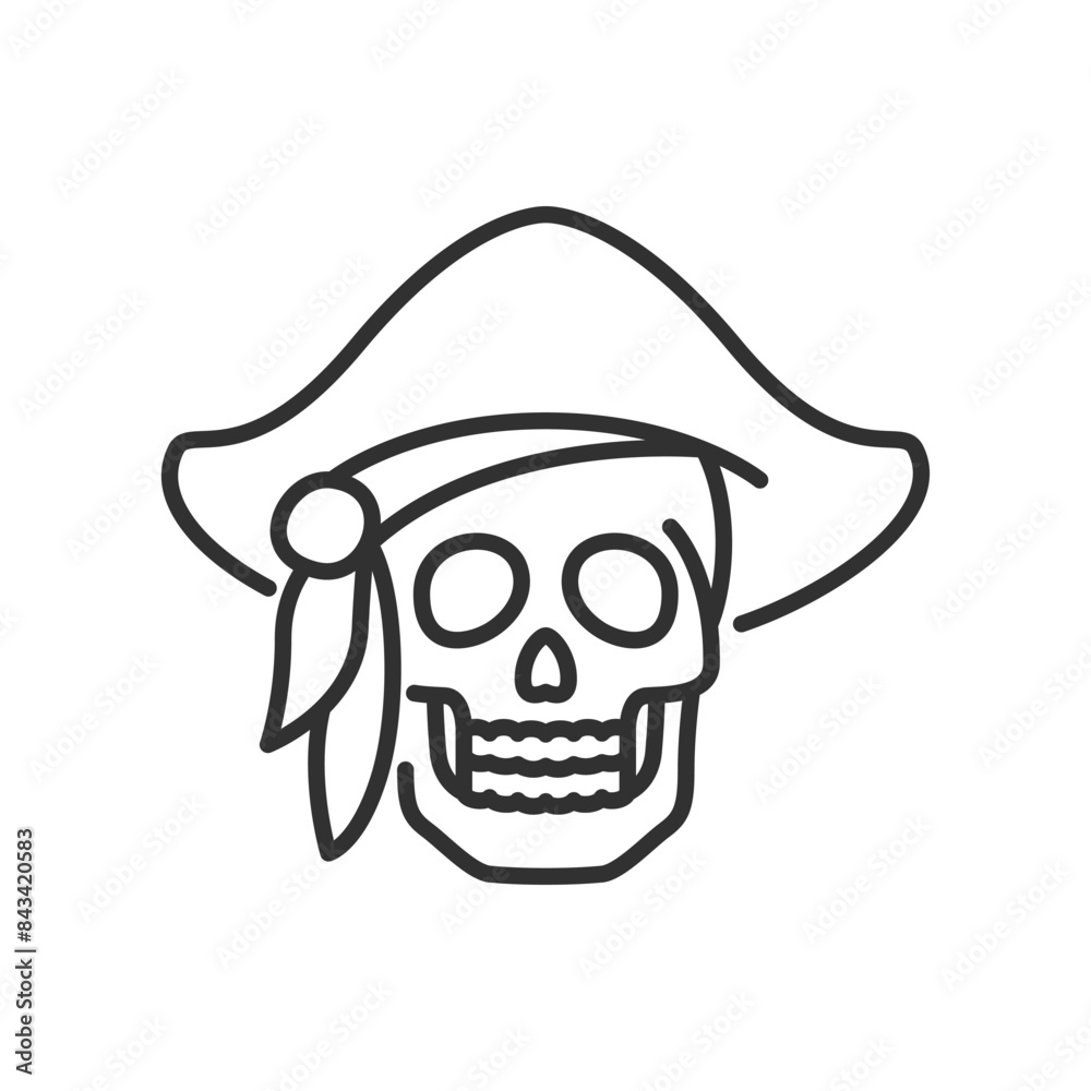 Pirate skull, linear icon. Skull with pirate hat. Line with editable ...