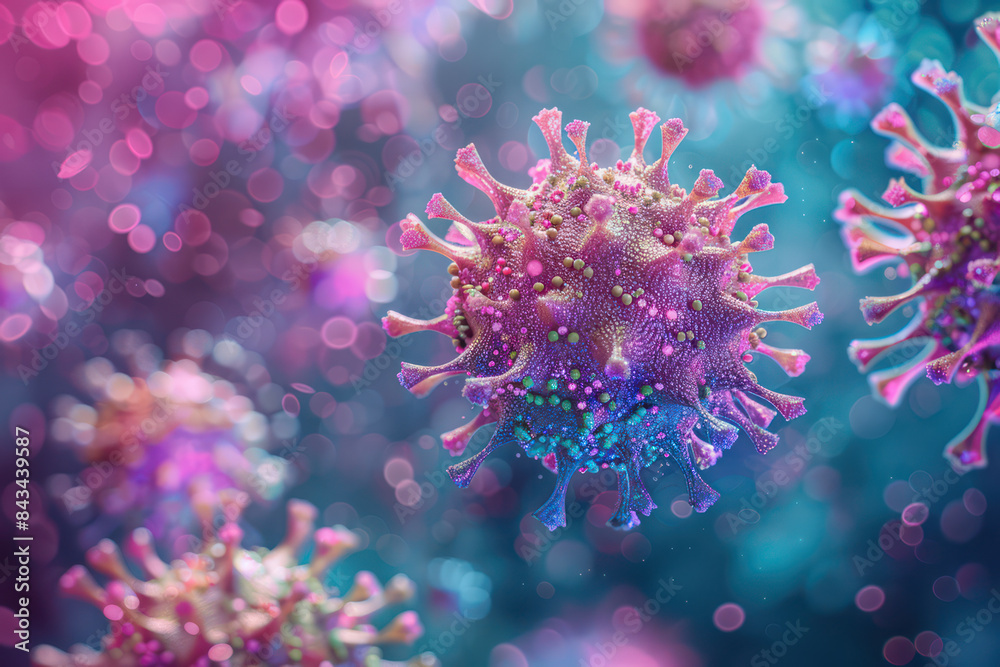 Ultra-magnified vibrant virus particles under a microscope, blending ...