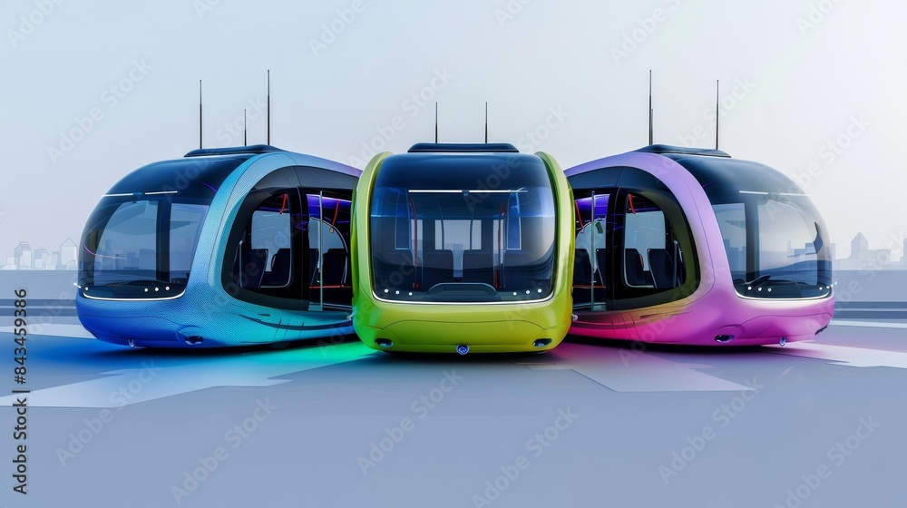 Autonomous hovering buses theme side view demonstrating public transit ...