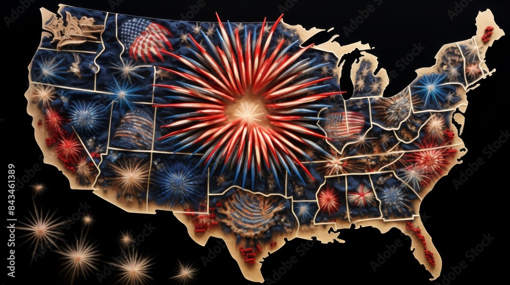 Vibrant USA map with fireworks display, celebrating Independence Day or ...