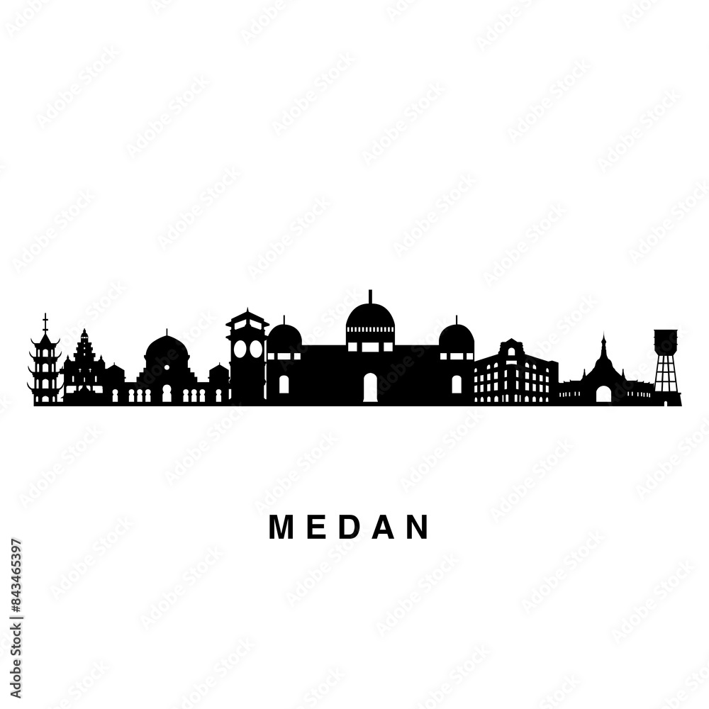 Vetor Medan Indonesia skyline horizontal banner. Black and white ...