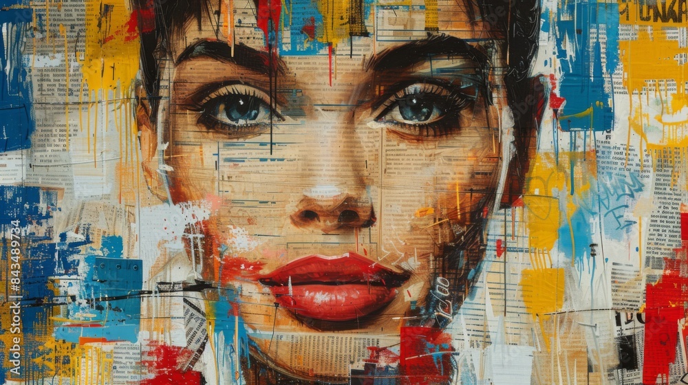 Vibrant collage-style artwork of a woman's face with expressive eyes ...
