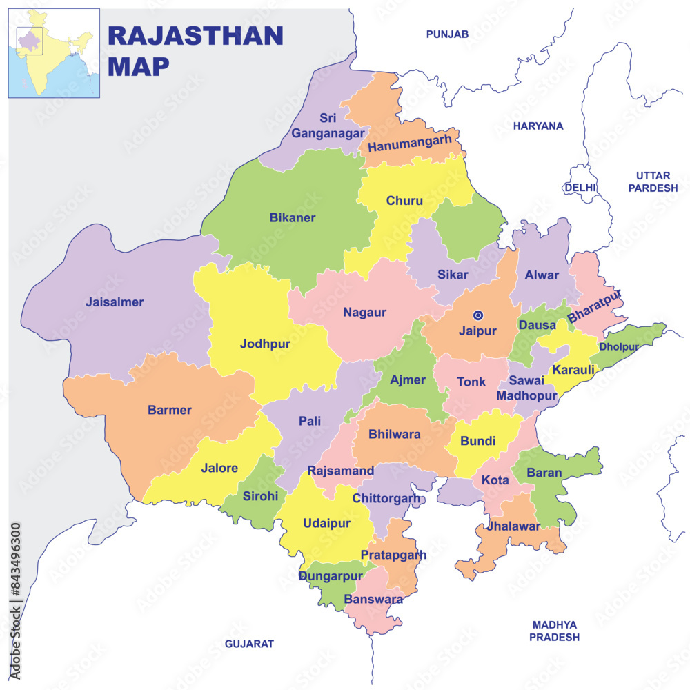 Detailed vector Illustration of Rajasthan map District map with ...