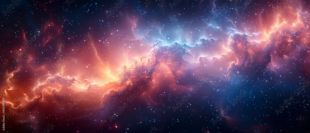 An abstract painting of a nebula in space. The colors are vibrant and ...