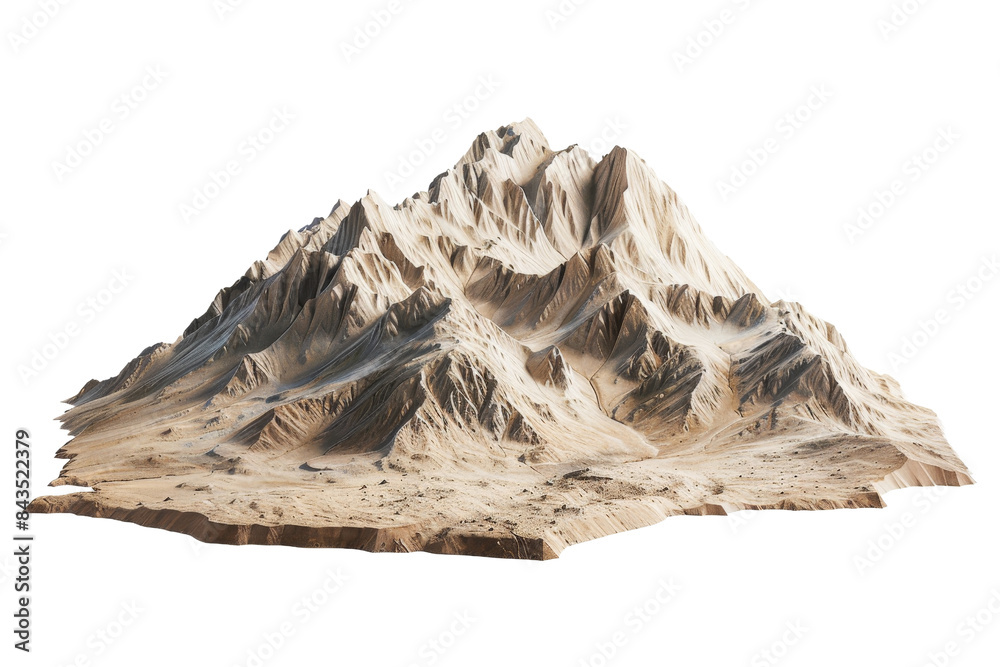 Realistic 3D model of a detailed mountain range with rugged peaks and ...